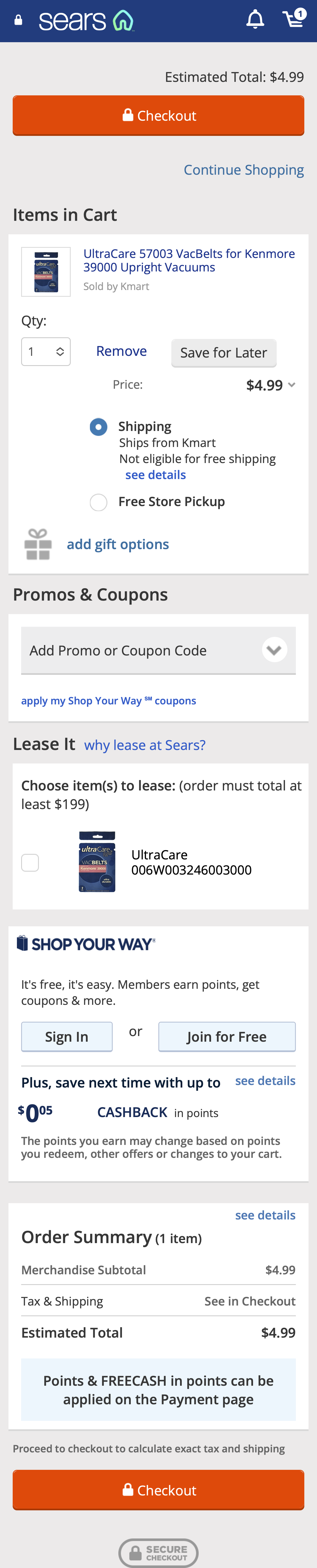 Sears’ Mobile Cart – 188 of 811 Cart Examples – Baymard Institute