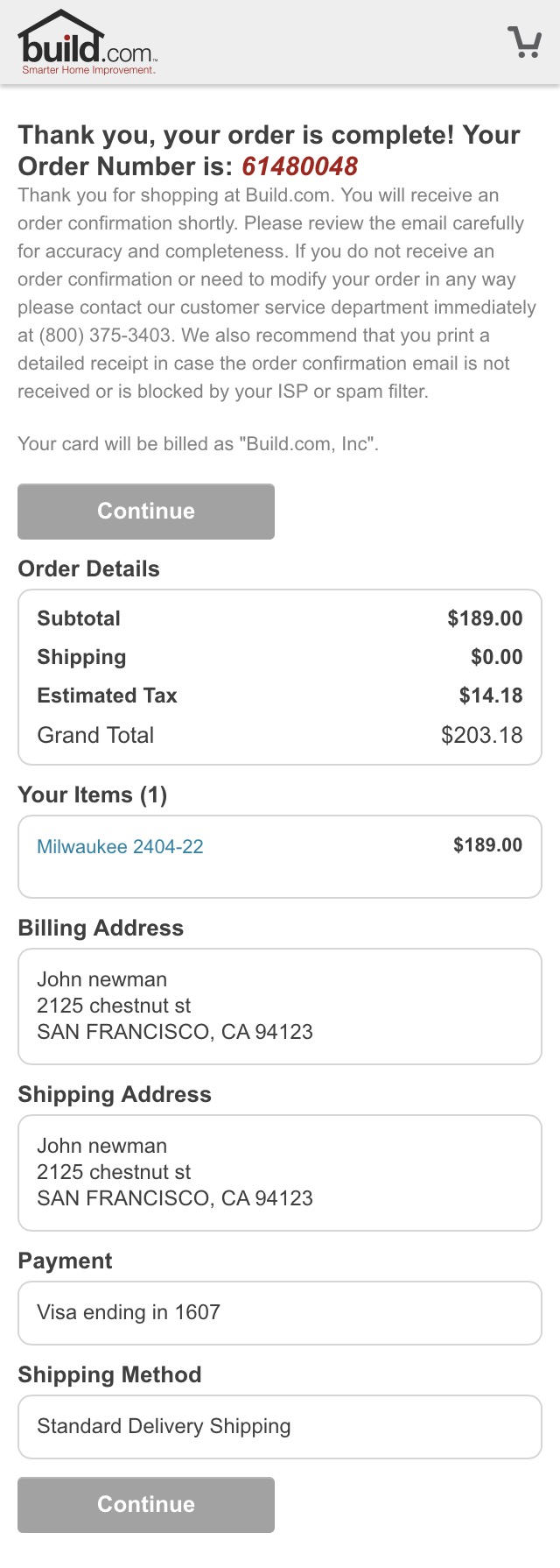 Build.com’s Mobile Receipt / Order Confirmation – 644 of 656 Receipt ...