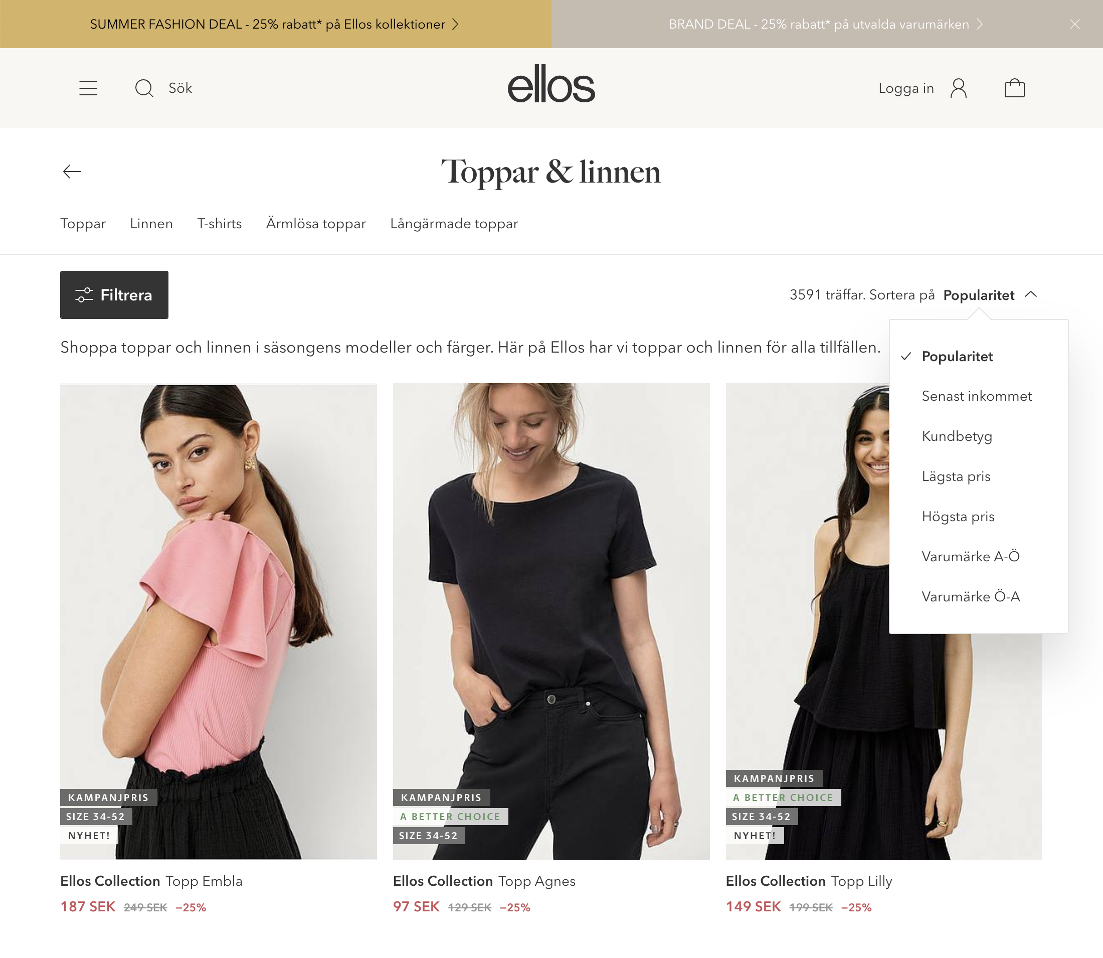 Ellos’ Sorting Tool – 291 of 520 Sorting Tool Examples – Baymard Institute