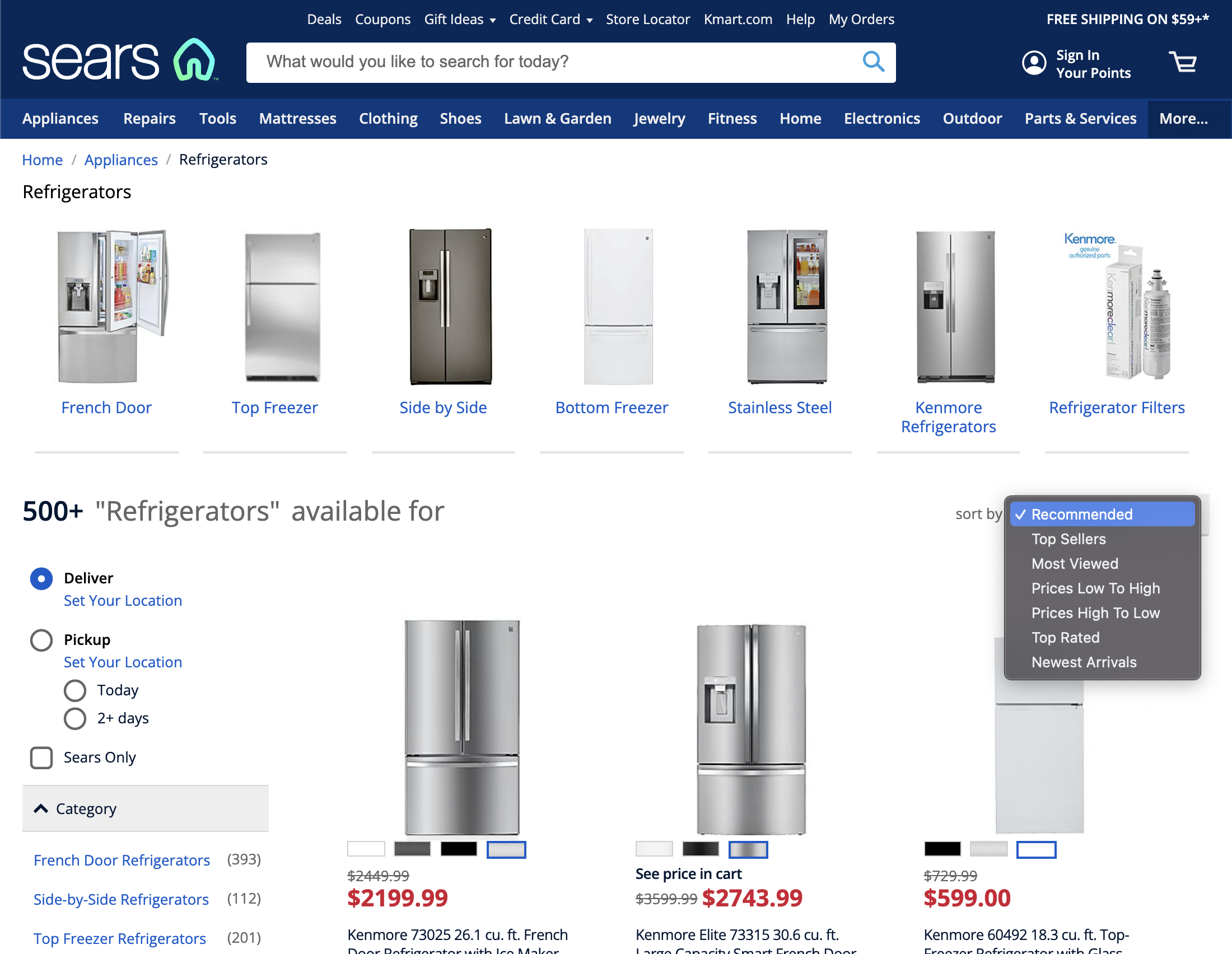 Sears’ Sorting Tool – 203 of 520 Sorting Tool Examples – Baymard Institute