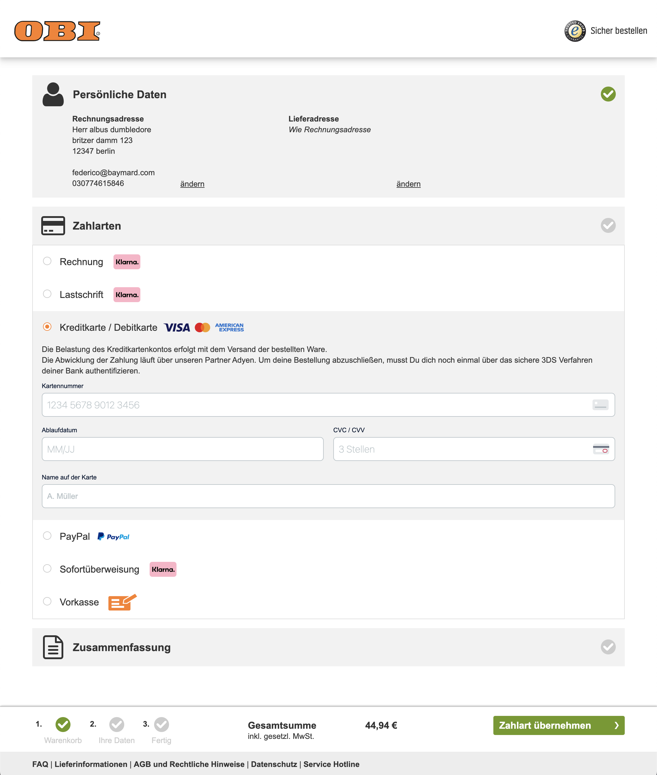 OBI’s Payment – 277 of 1108 Payment Examples – Baymard Institute