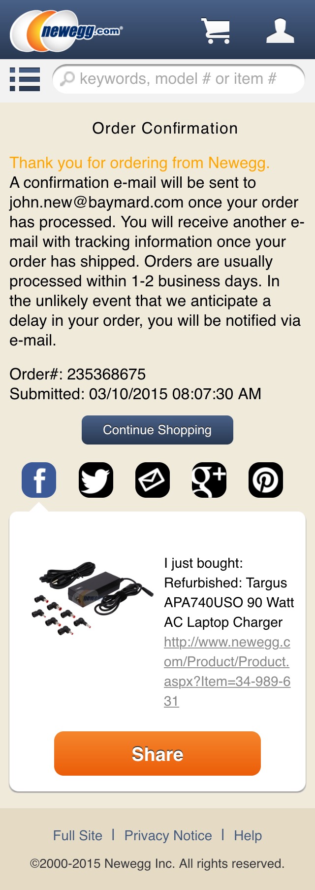 Newegg’s Mobile Receipt / Order Confirmation – 566 of 577 Receipt ...