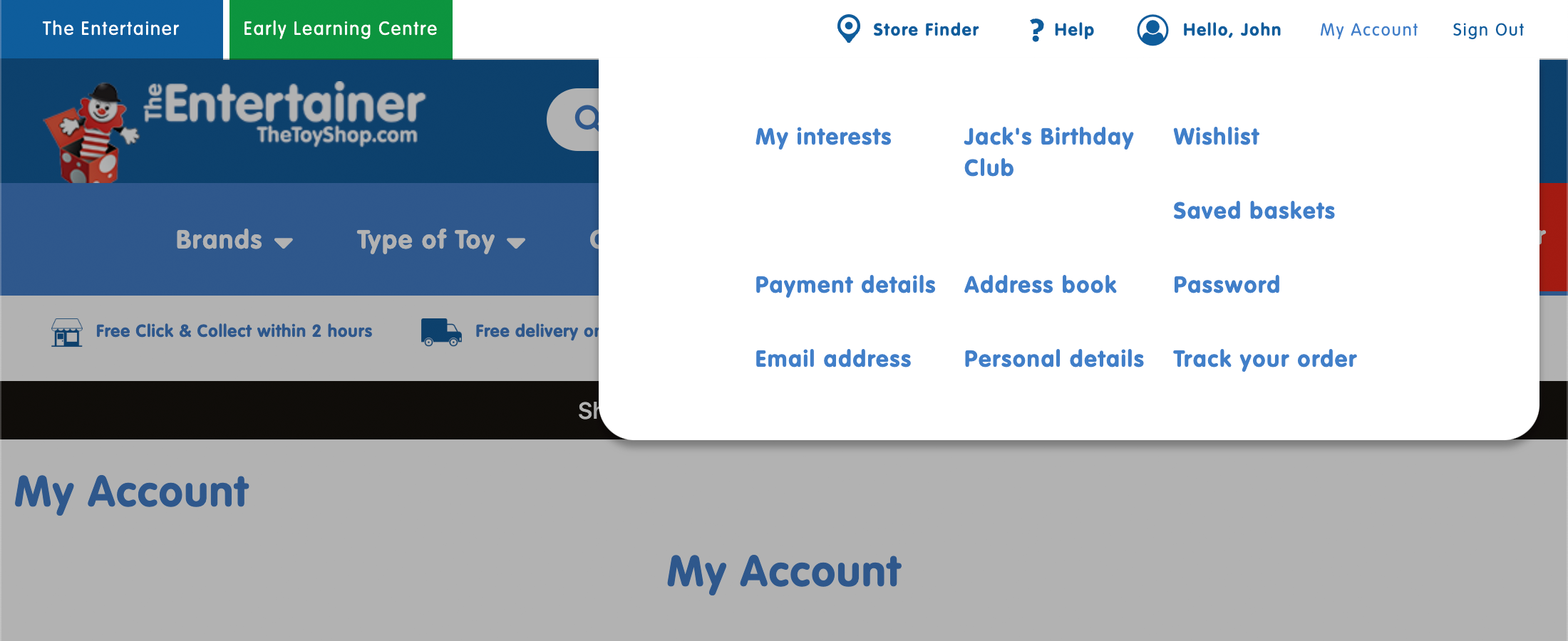 The Entertainer (TheToyShop.com)’s ‘My Account’ Drop-Down – 89 of 287 ...