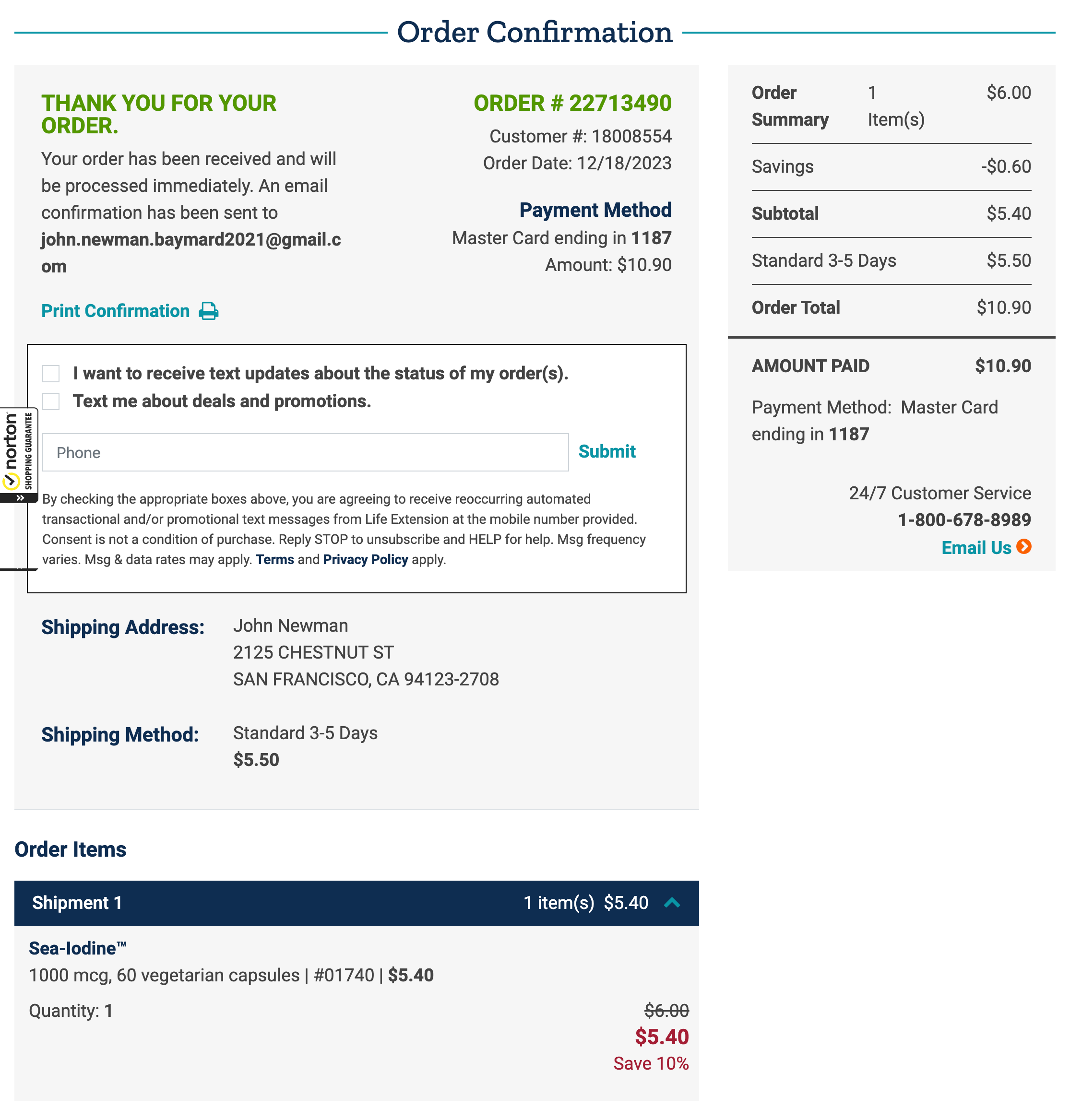 Life Extension’s Receipt / Order Confirmation – 68 of 577 Receipt ...