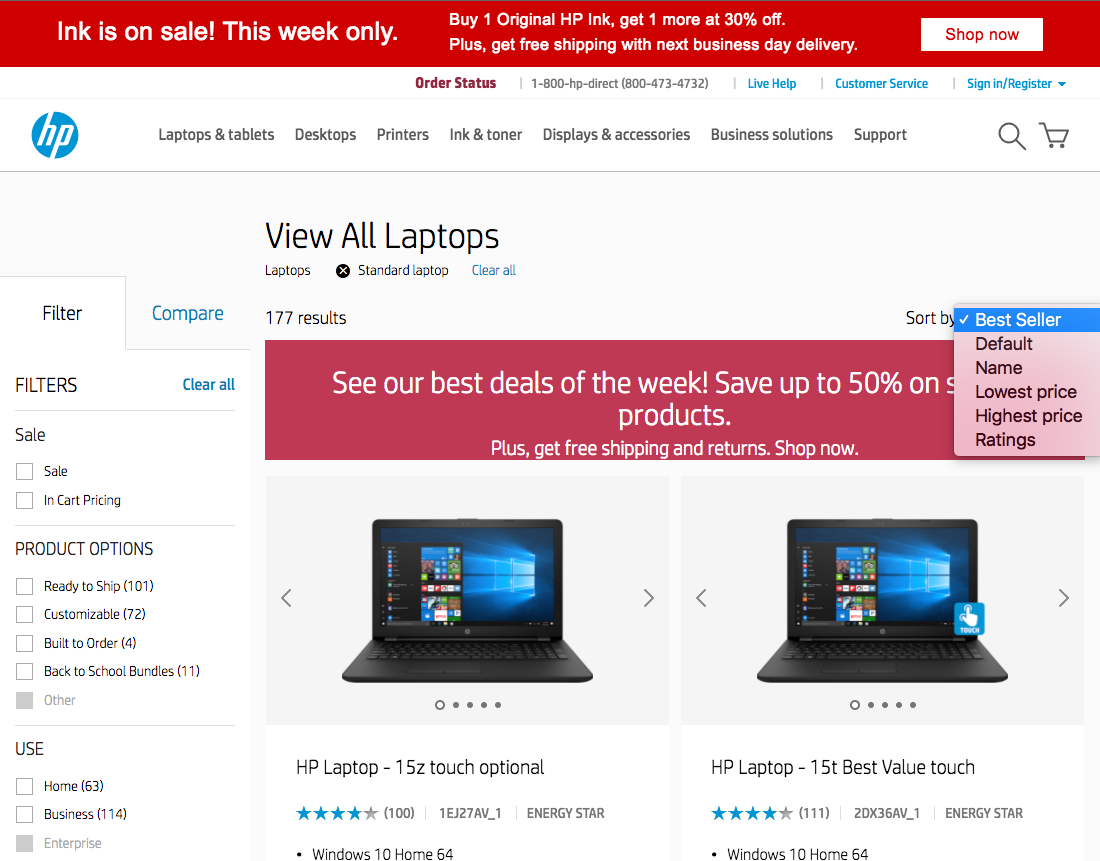 HP’s Sorting Tool – 382 of 459 Sorting Tool Examples – Baymard Institute
