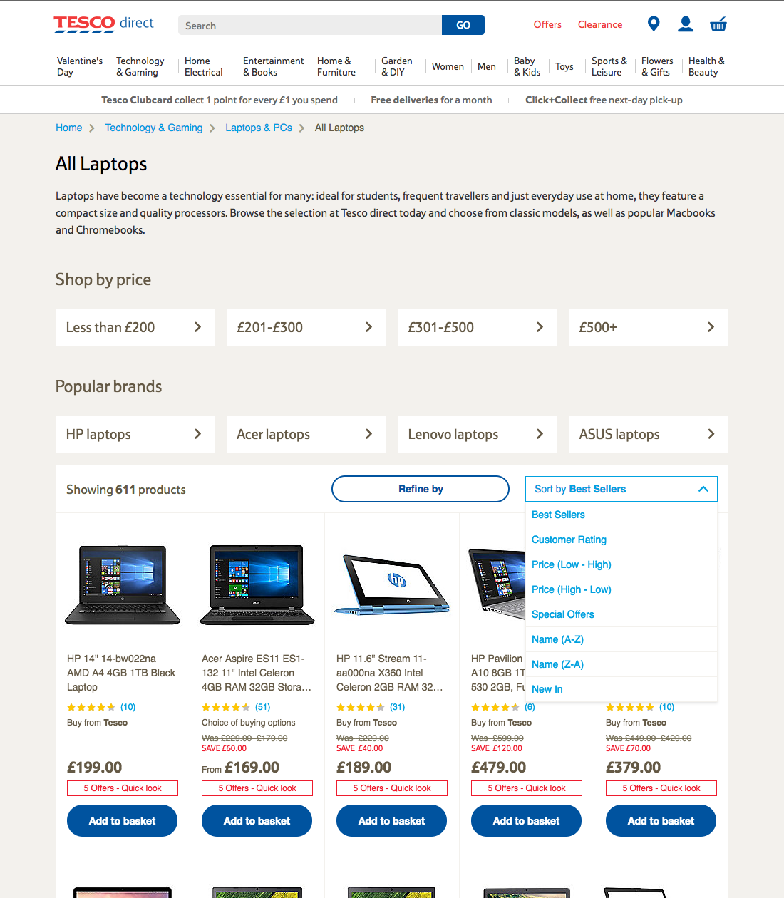 Tesco’s Sorting Tool – 422 of 520 Sorting Tool Examples – Baymard Institute