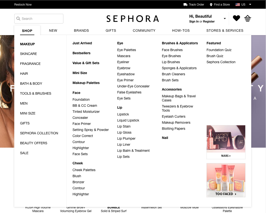 Sephora’s Main Navigation – 808 of 1023 Main Navigation Examples ...