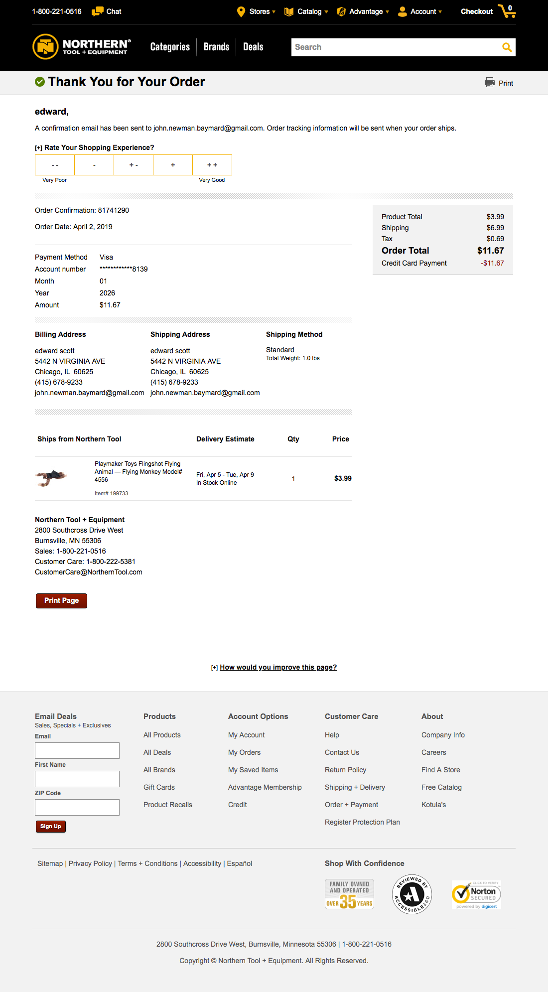 Northern Tool’s Receipt / Order Confirmation – 607 of 656 Receipt ...