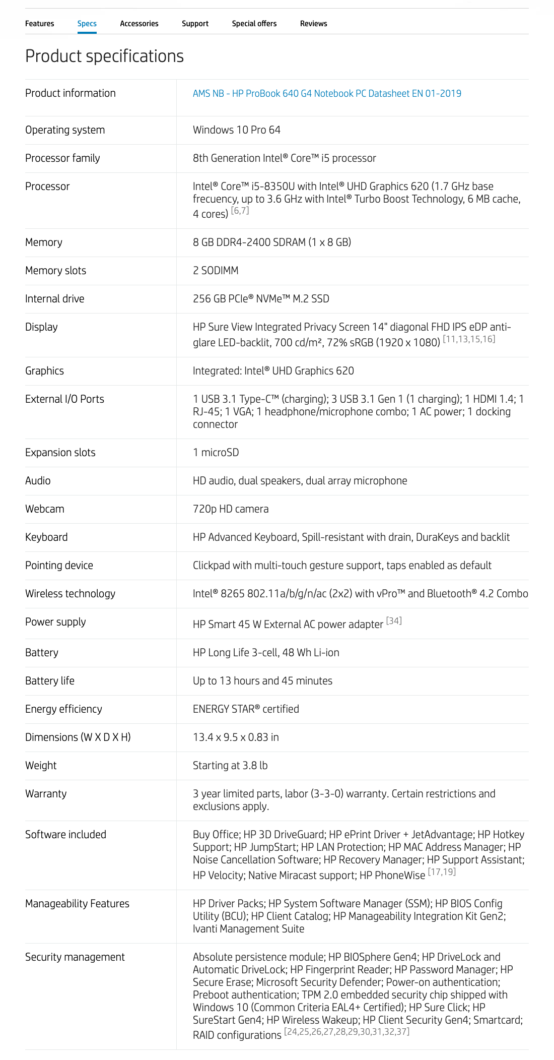 HP’s Spec Sheet – 229 of 291 Spec Sheet Examples – Baymard Institute