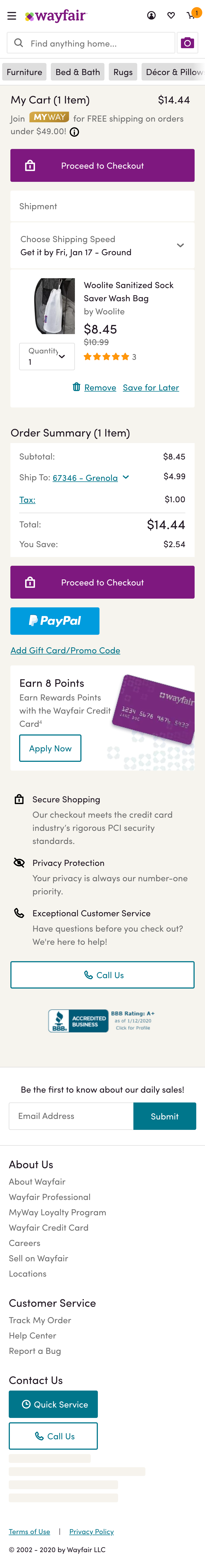 Wayfair’s Mobile Cart – 554 of 826 Cart Examples – Baymard Institute