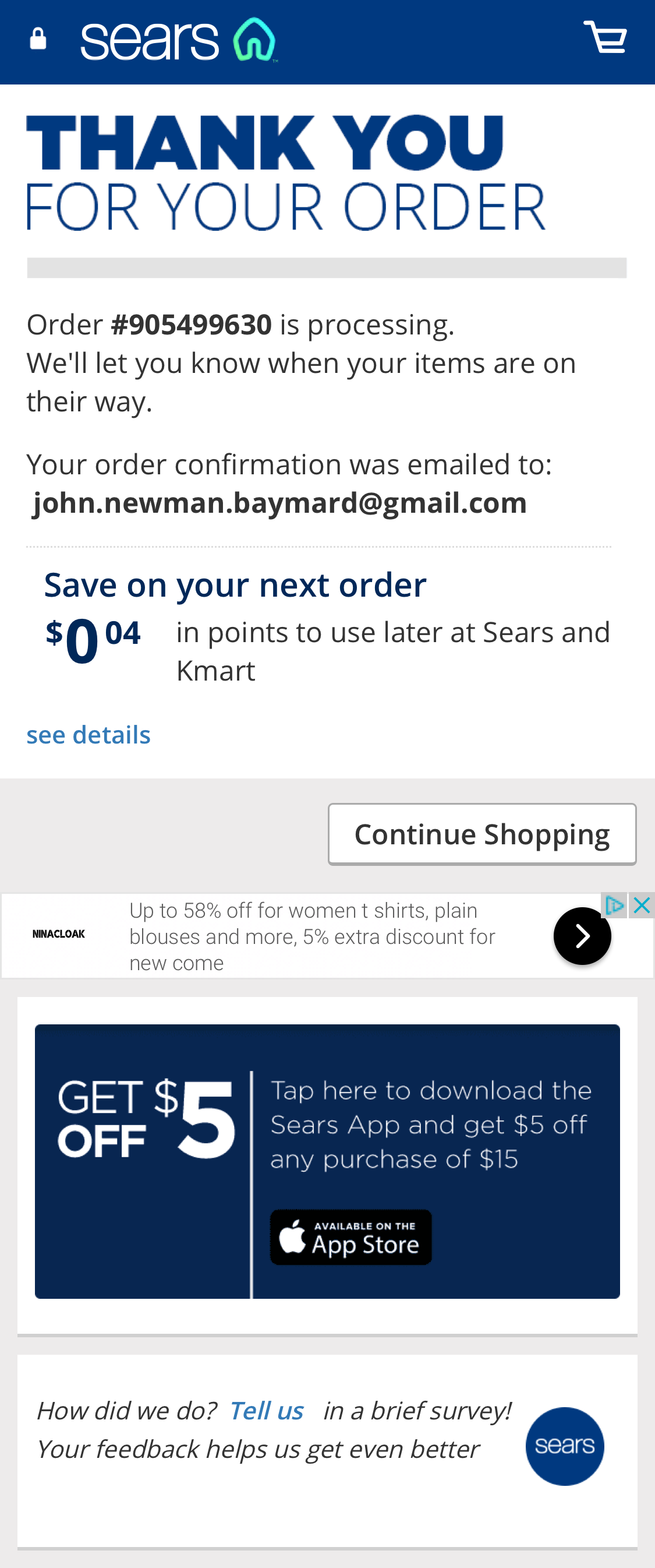 Sears’ Mobile Receipt / Order Confirmation – 335 of 504 Receipt / Order ...