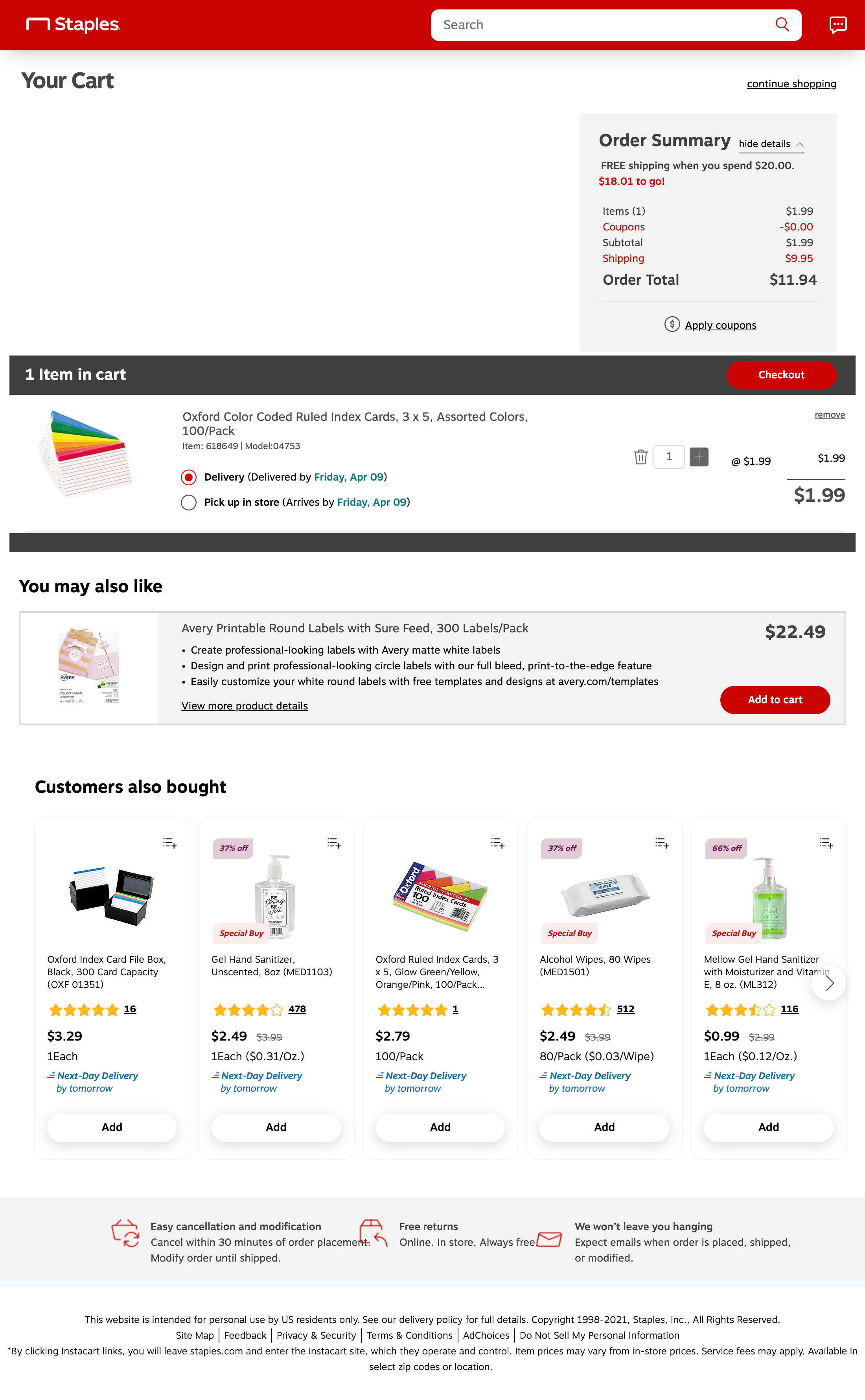 Staples’ Cart – 461 of 885 Cart Examples – Baymard Institute